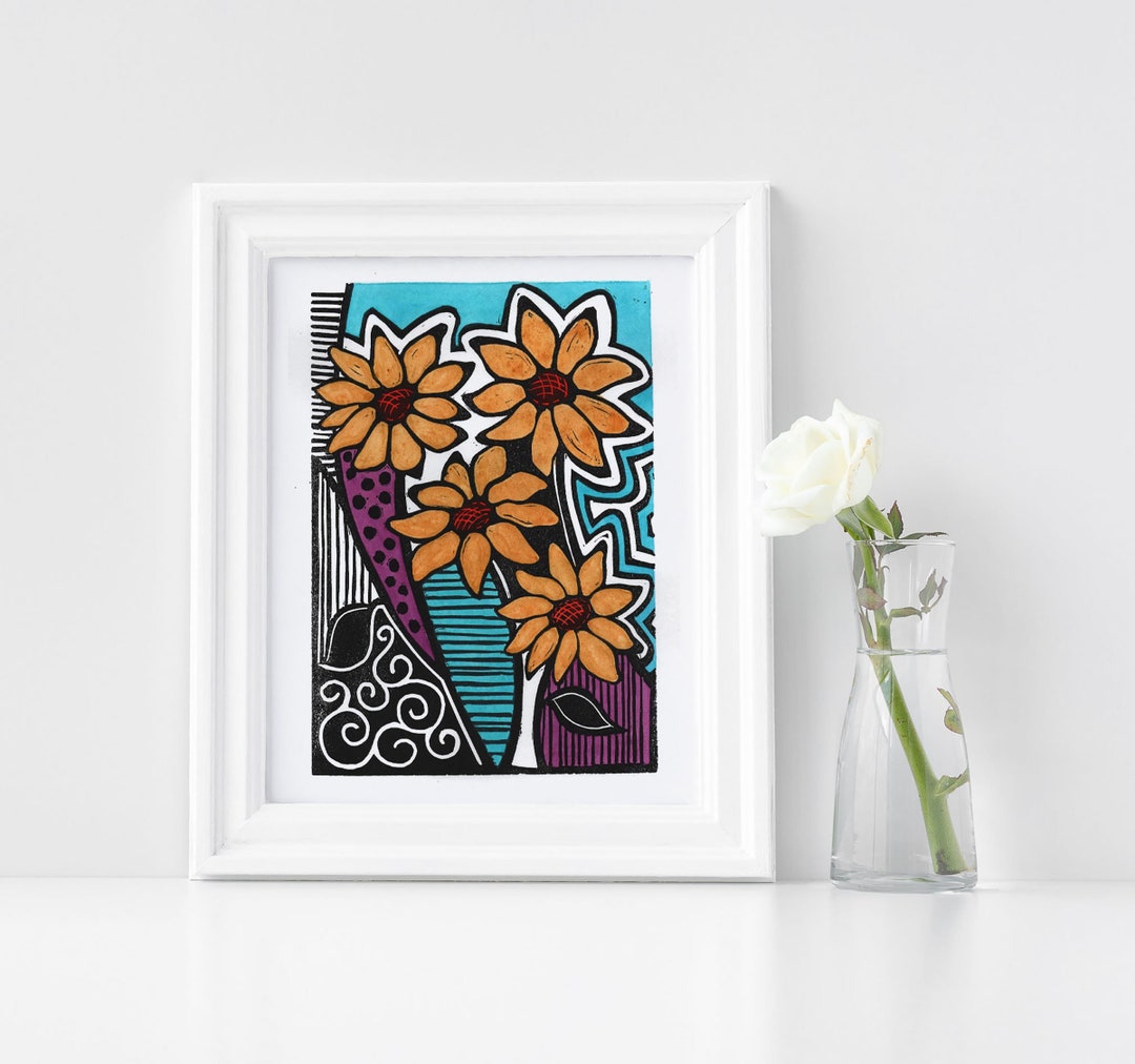 Daisy Linocut Print | Hand-painted Linocut | Daisy Print - Etsy