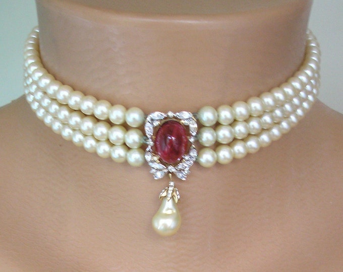 Vintage CIRO Pearl Choker, CIRO Pearls, Indian Bridal Choker, Ruby and ...