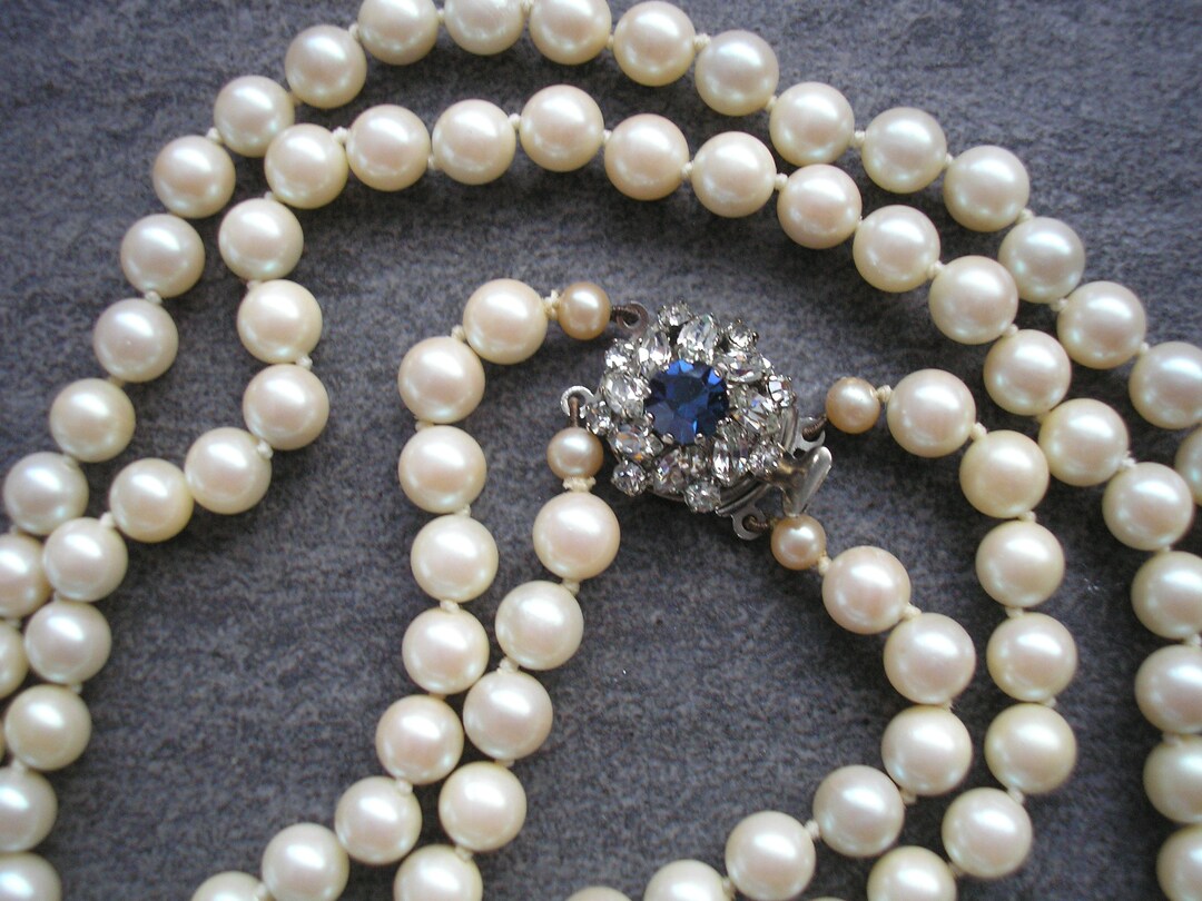 2 Strand Vintage Pearls With Sapphire Rhinestone Clasp, Ivory Pearl ...