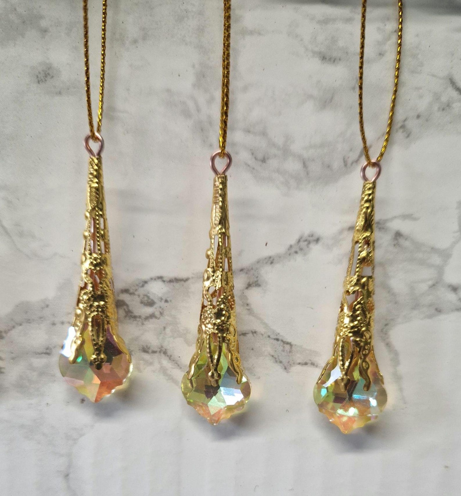 Christmas Tree Icicle Ornaments. Gold Filigree Metal Flutes, Sparkly ...
