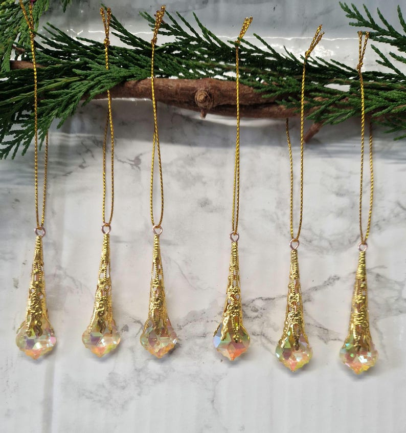 Christmas Tree Icicle Ornaments. Gold Filigree Metal Flutes, Sparkly ...