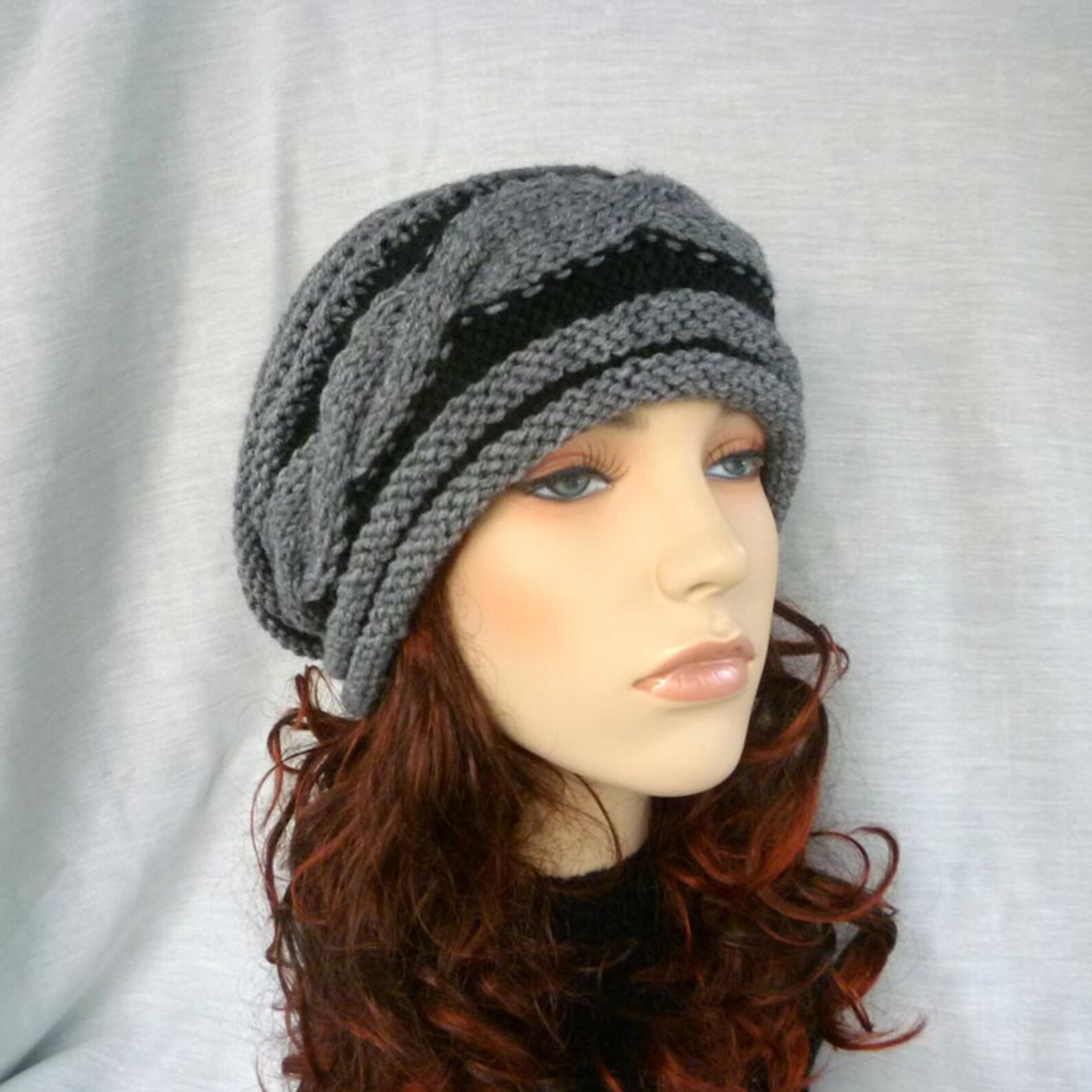Slouchy Hat With Cable Stitches/unisex in Black and Gray - Etsy UK