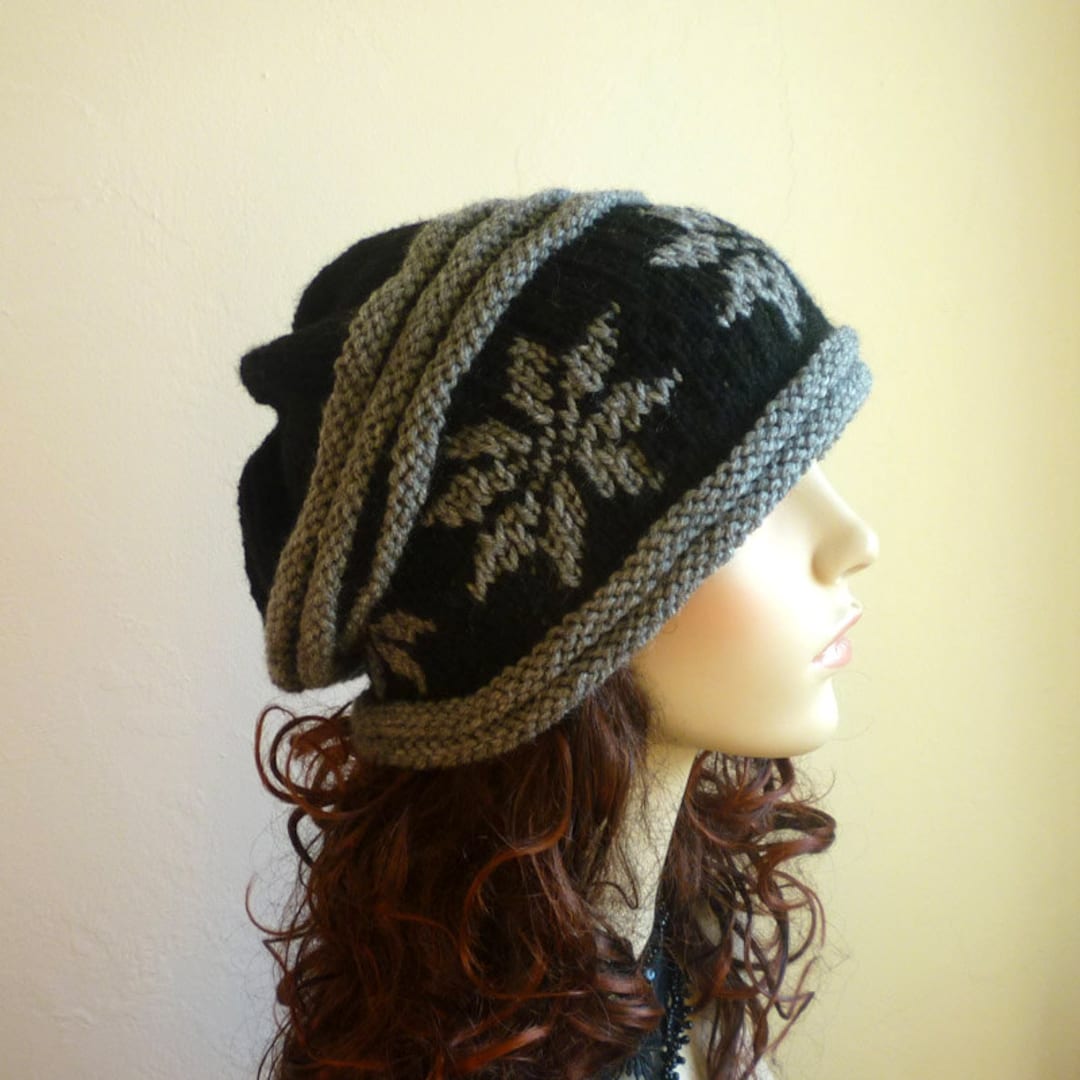 Unisex Slouch Hat With Snowflakes,hand Knitted Winter Hat in Black and ...