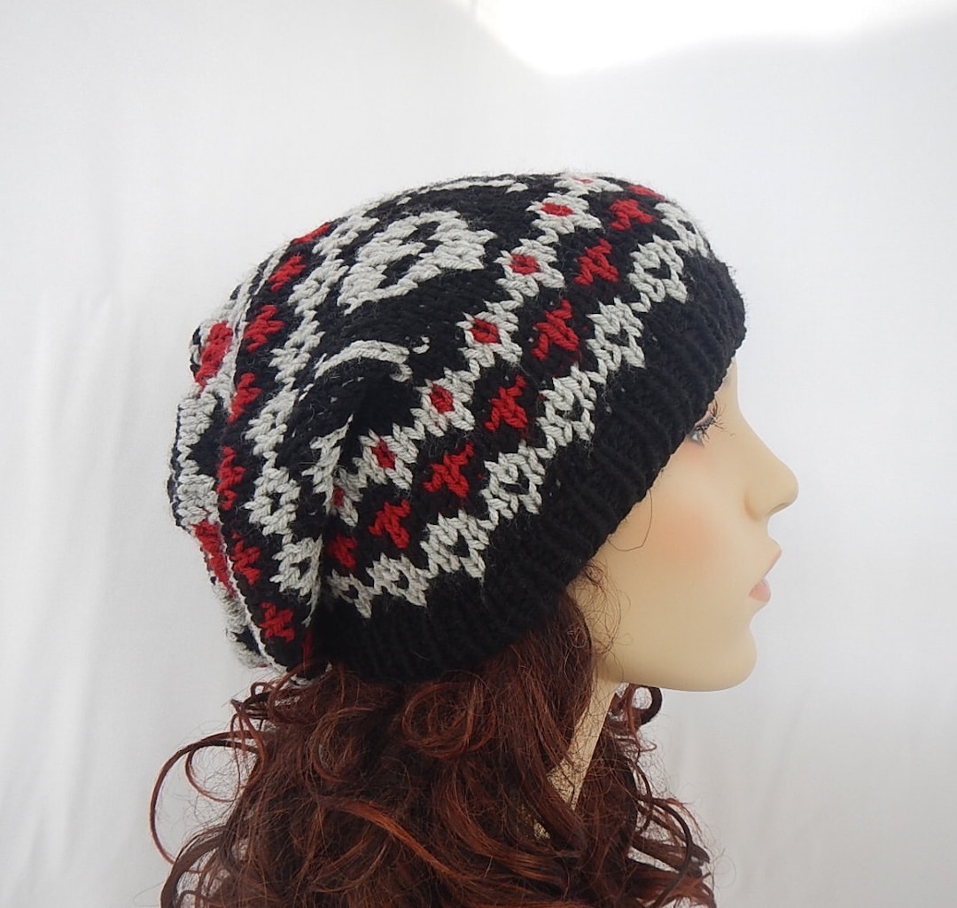 Knitted Slouchy Hat With Skulls/ Skulls Pattern/ Fair Isle Hat /knit ...