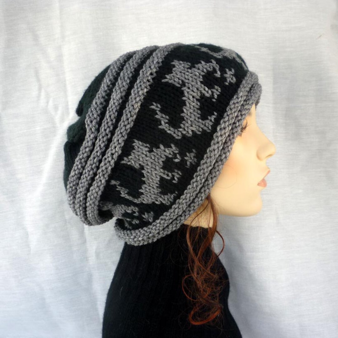 Cat Lover Alert - Slouch Hat With Cats in Black and Gray,hand Knit Hat ...