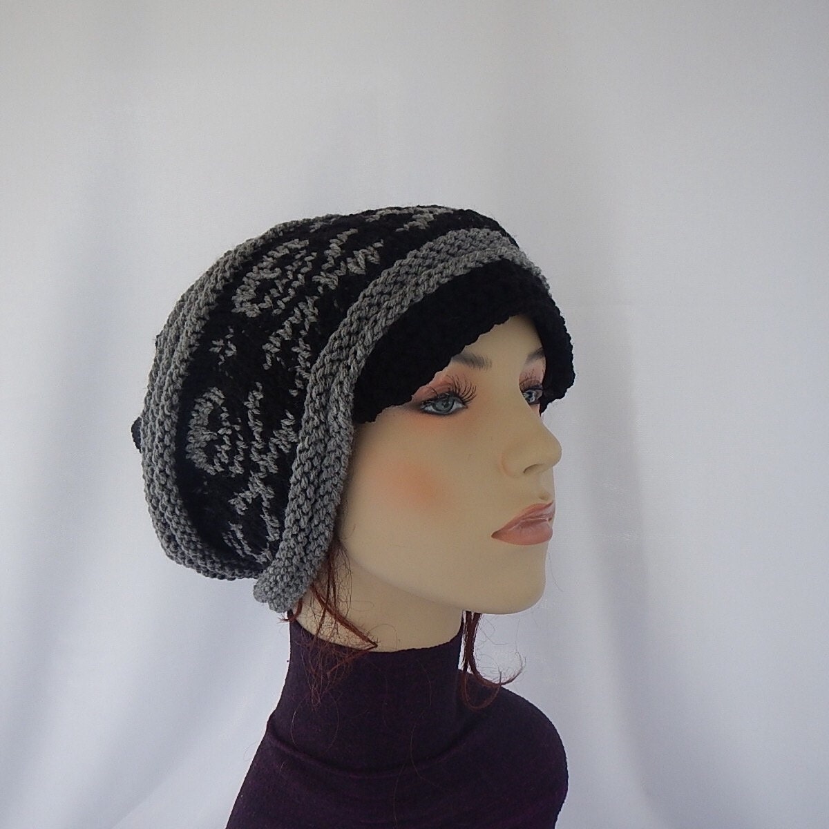 Hand Knit Slouch Hat With Skulls and Cross Bone in Black and Gray ...