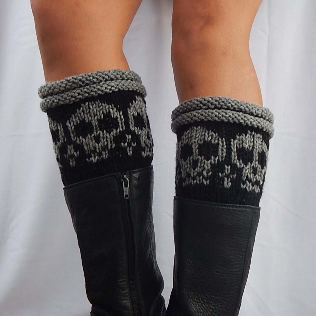 Boot Cuffs With Skulls/ Knit Boot Cuffs / Black Boot Cuffs/ Handknitted ...
