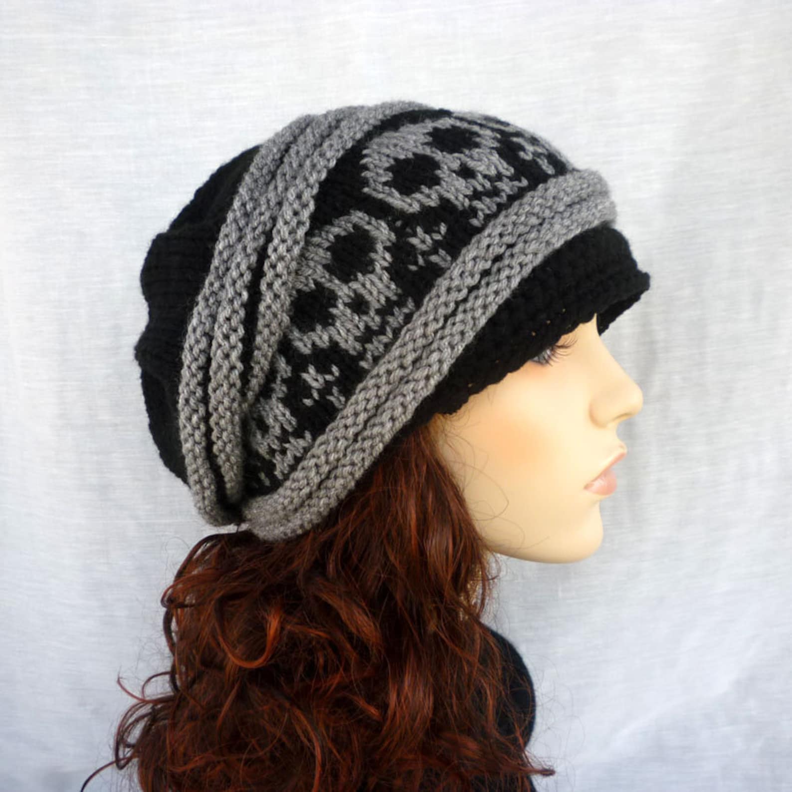 Hand Knit Slouch Hat With Skulls in Black and Gray - Etsy