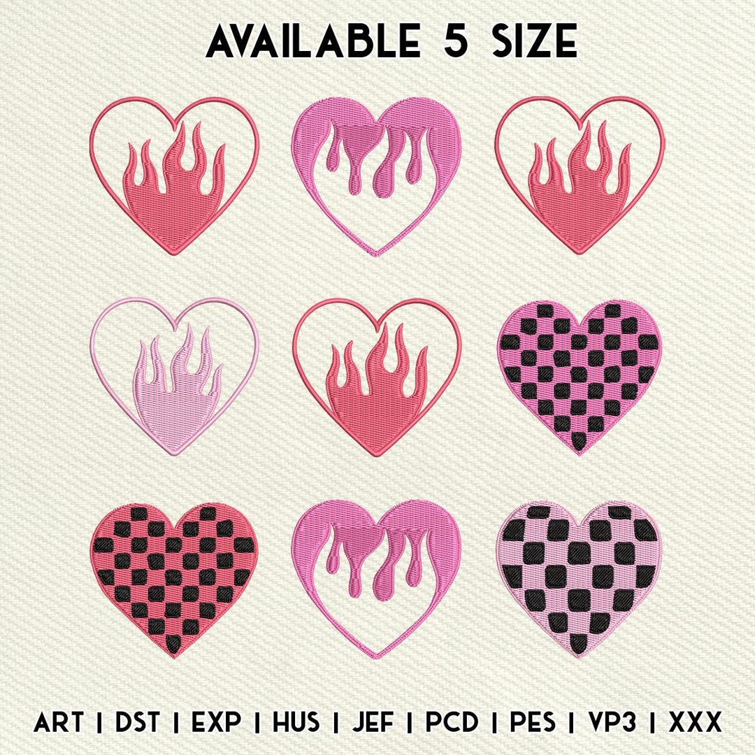Flaming Heart Embroidery File, Pink Fire Heart Valentine Embroidery ...