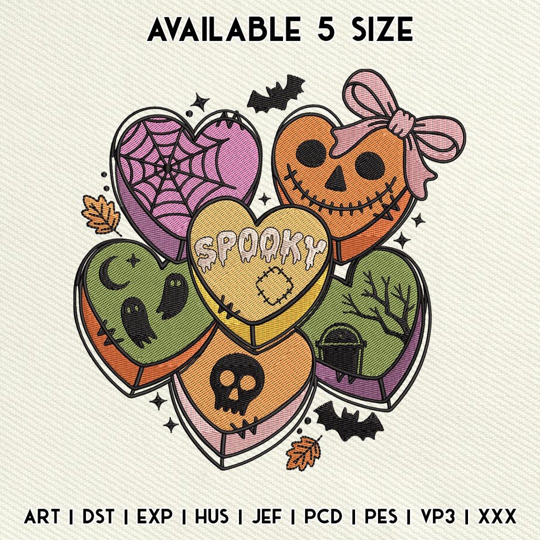 Spooky Hearts Halloween Embroidery File, Cute Candy Skull Pumpkin Ghost ...