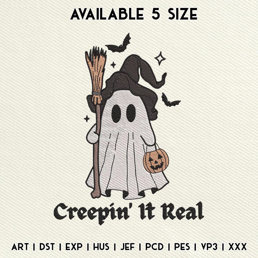 Creepin It Real Embroidery Design, Halloween Witch Ghost With Broom and ...