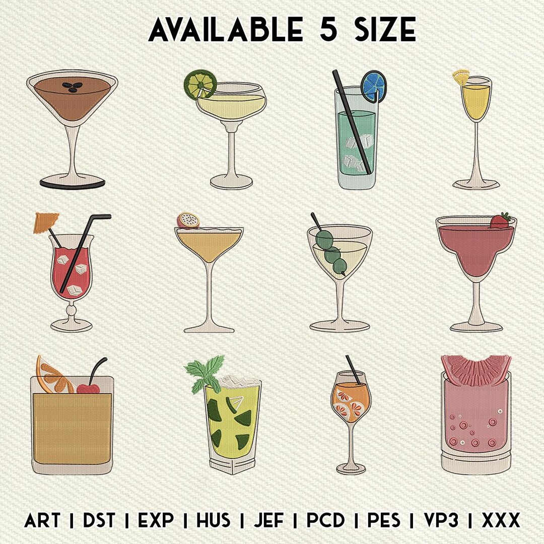 Cocktail Drink Embroidery Designs, Summer Bundle (3-5 Inch) (instant ...