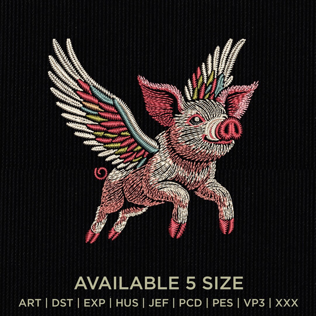 Colorful Flying Pig Embroidery Design, Cute Pig Embroidery Design ...