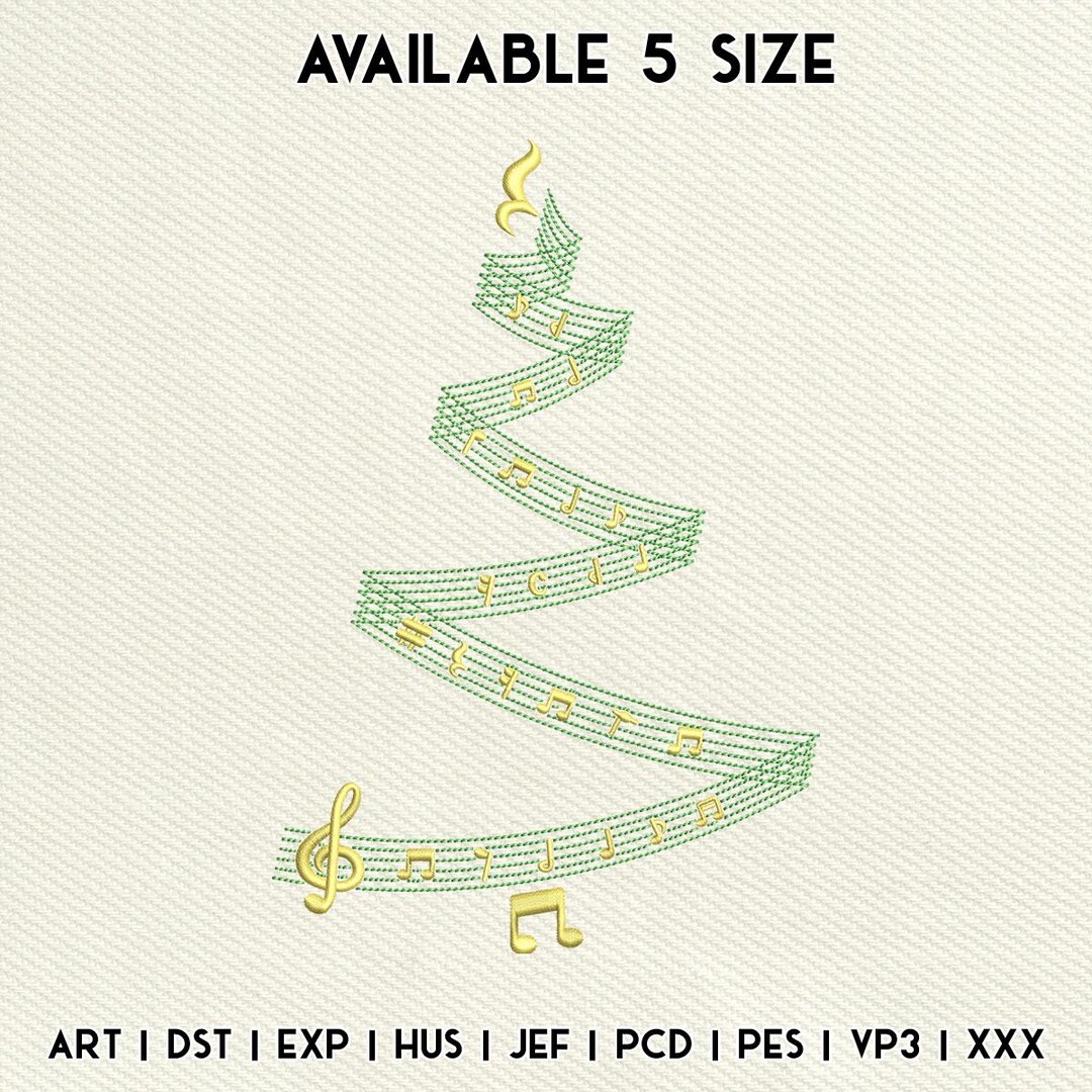 Musical Notes Christmas Tree Embroidery File, Holiday Melody Music ...