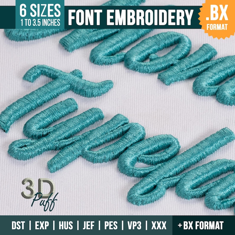 3D Puff Cursive Script Embroidery Font: BX Font | PES DST Fonts + 5 ...