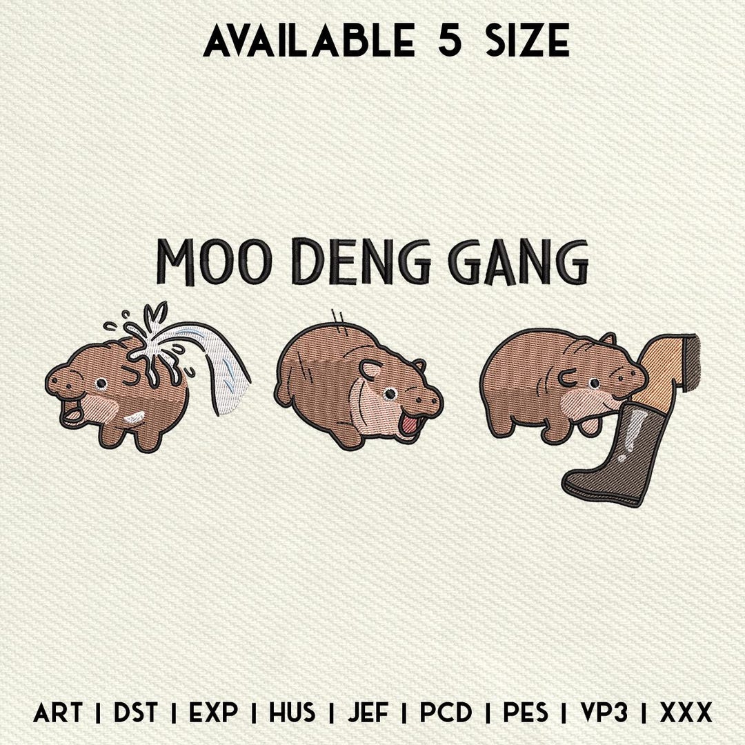 Moo Deng Gang Embroidery Design, Funny Baby Hippo Moo Deng Embroidery ...