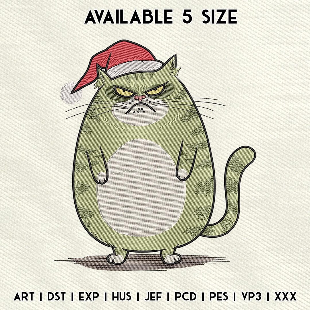 Grumpy Cat Christmas Embroidery File, Angry Green Cat in Santa Hat ...