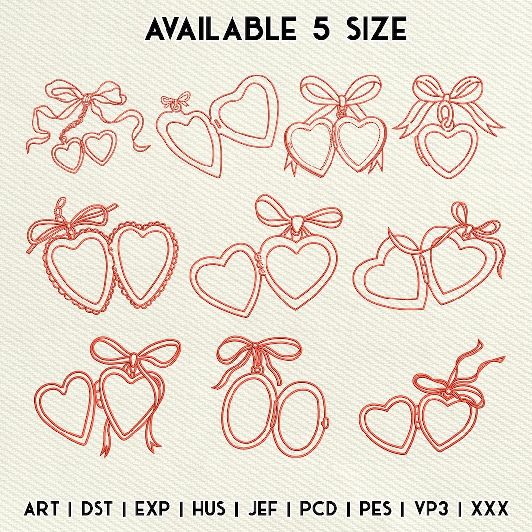 Heart Locket Embroidery File Bundle, Vintage Love Lockets With Bows ...