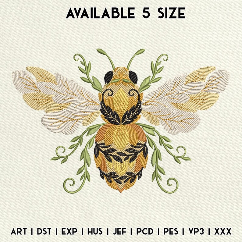 Floral Bee Embroidery Design, Botanical Insect, 5 Sizes (digital ...