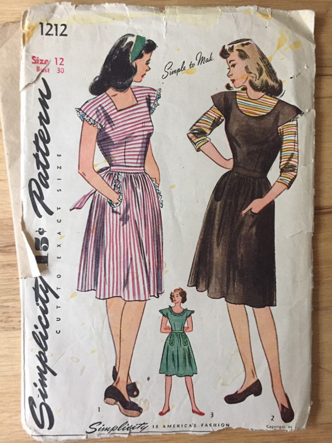 Vintage 1940's Sewing Pattern Simplicity 1212 Pinafore Dress - Size 12 ...