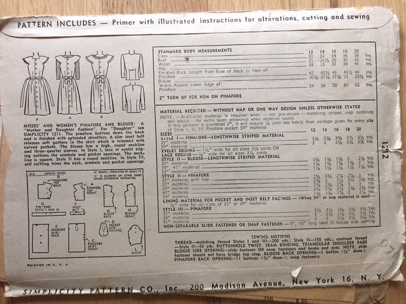 Vintage 1940's Sewing Pattern Simplicity 1212 Pinafore Dress - Size 12 ...