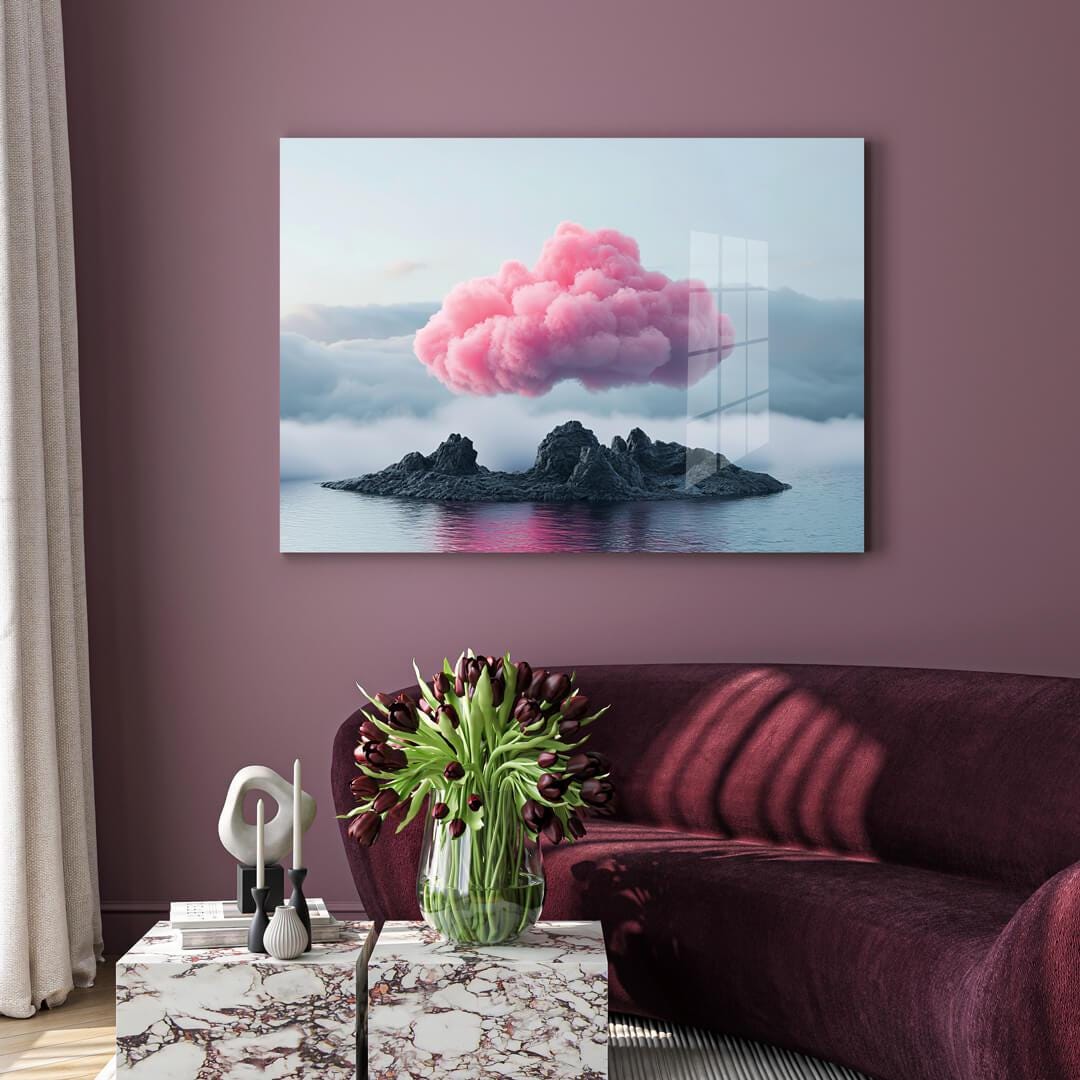 A Surreal Image Showcasing A Soft Pink Cloud Hovering Over A Rocky ...