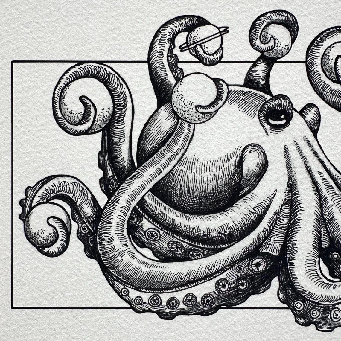 Pen & Ink Octopus With Planets Unframed Art Print, A5/A4, Black and ...