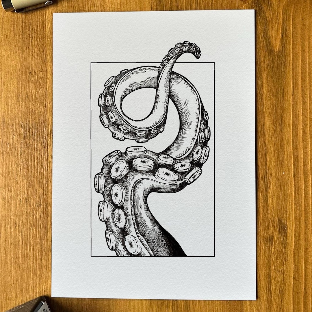 Pen & Ink Tentacle Art Print, A5/A4, Black and White Octopus Drawing ...