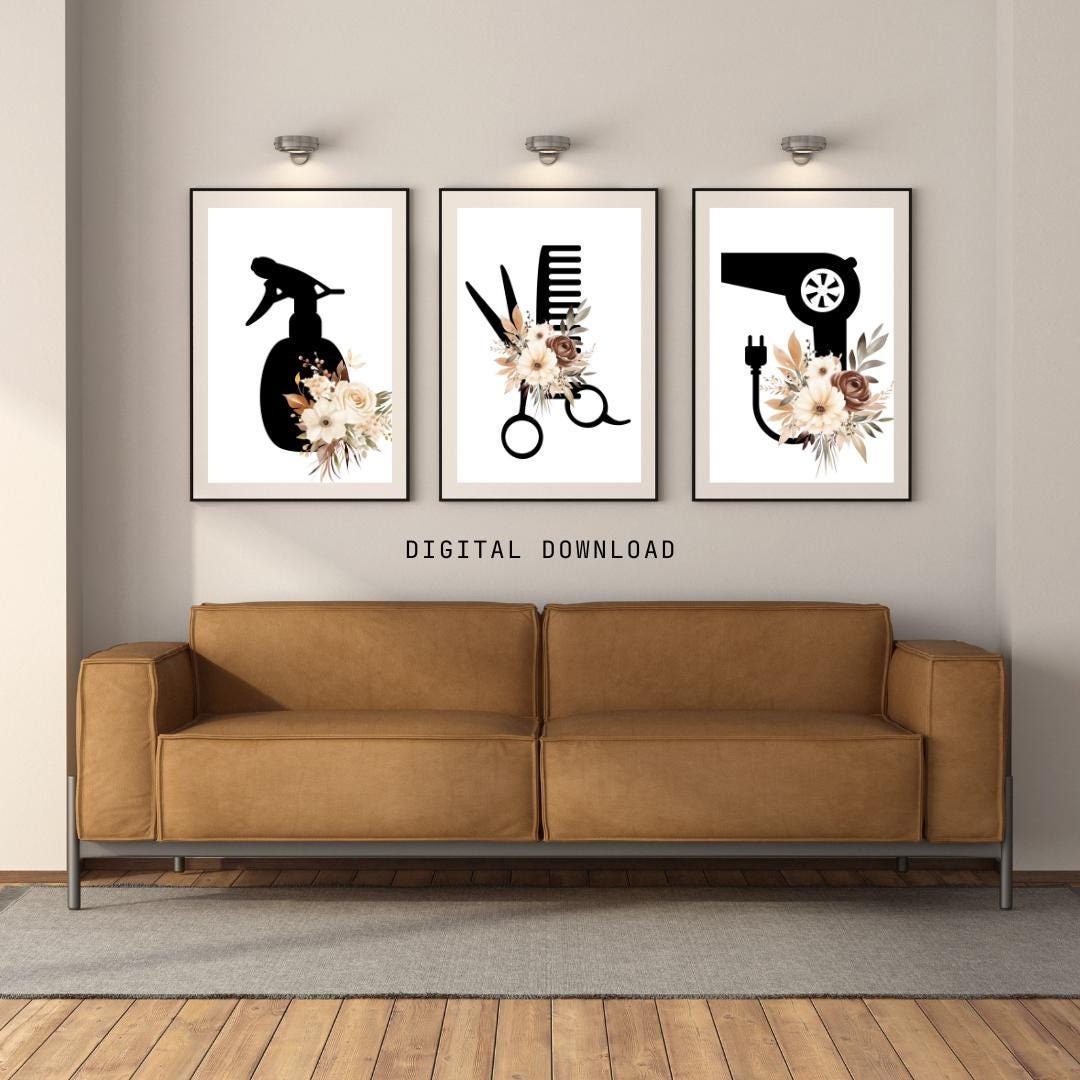 Hair Salon Wall Prints Template, Set of 3, Flower Boho Aesthetic ...