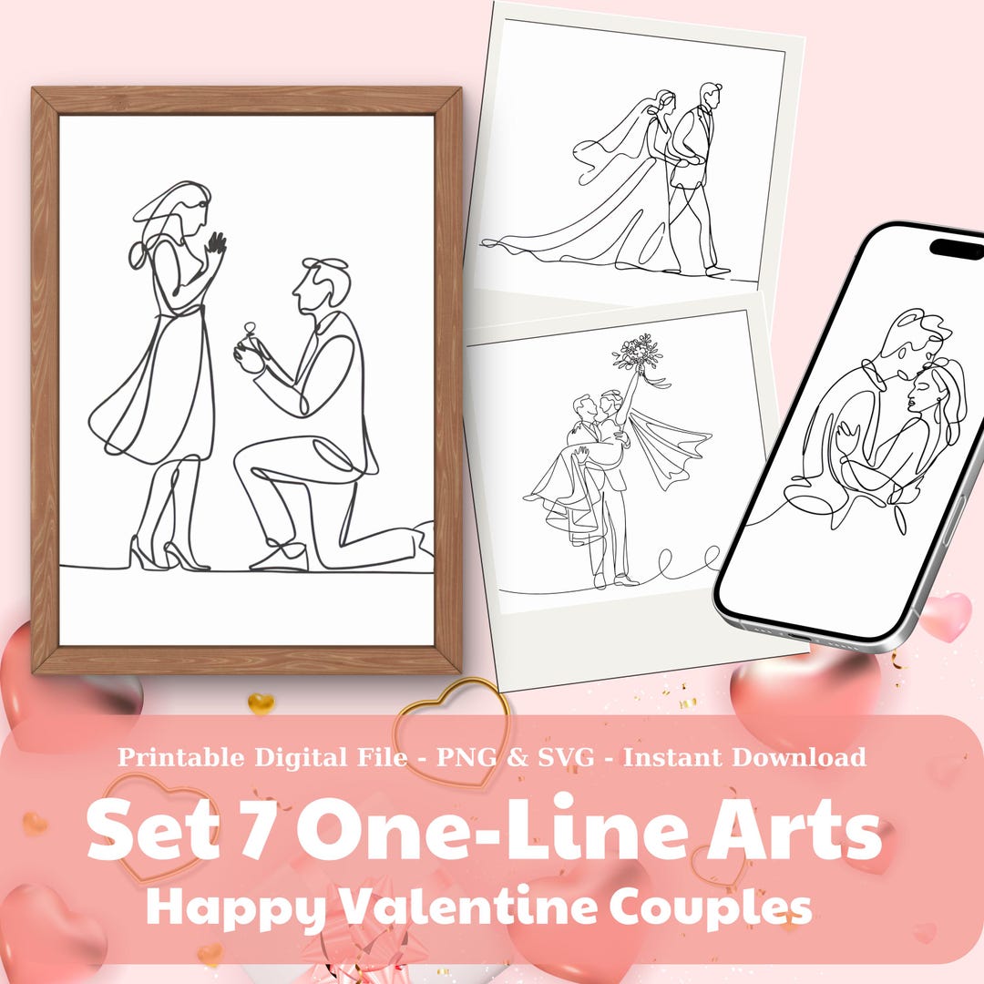 Set of 7 One Line Art Prints Romantic Valentine Couple Illustrations ...