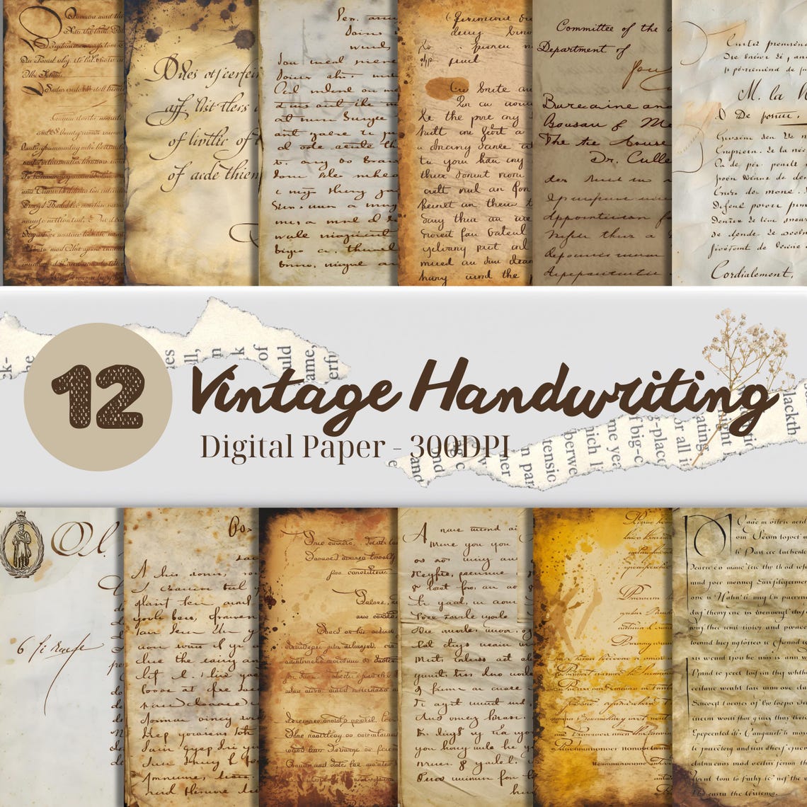 Vintage Handwriting Digital Paper Set Rustic Paper Printable 300 DPI ...