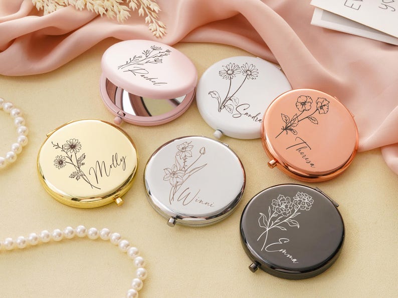 Custom Engraved Compact Mirror, Personalized Birth Flower Compact ...
