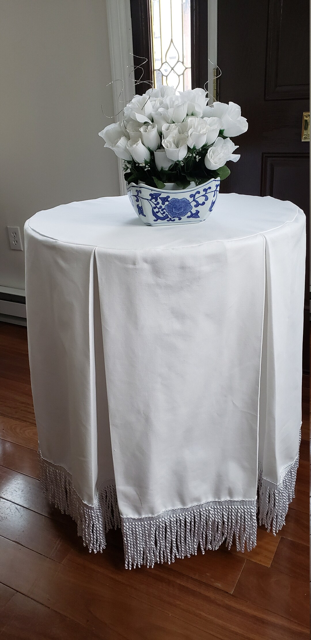 White Cotton Tableskirt, Round Table Skirt With Bullion Fringe White ...