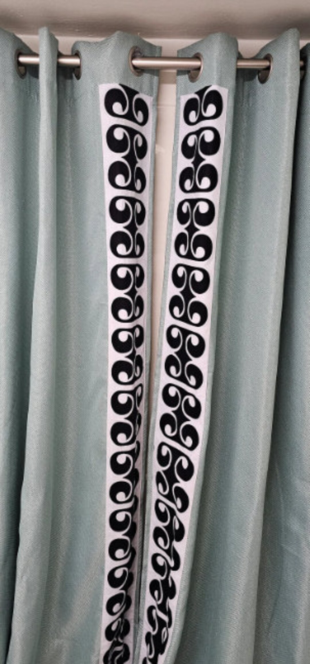 Grommet Curtains Two 52WX 84L Mint Green Poly Linen Blackout Drapes Trimmed With African Print ...