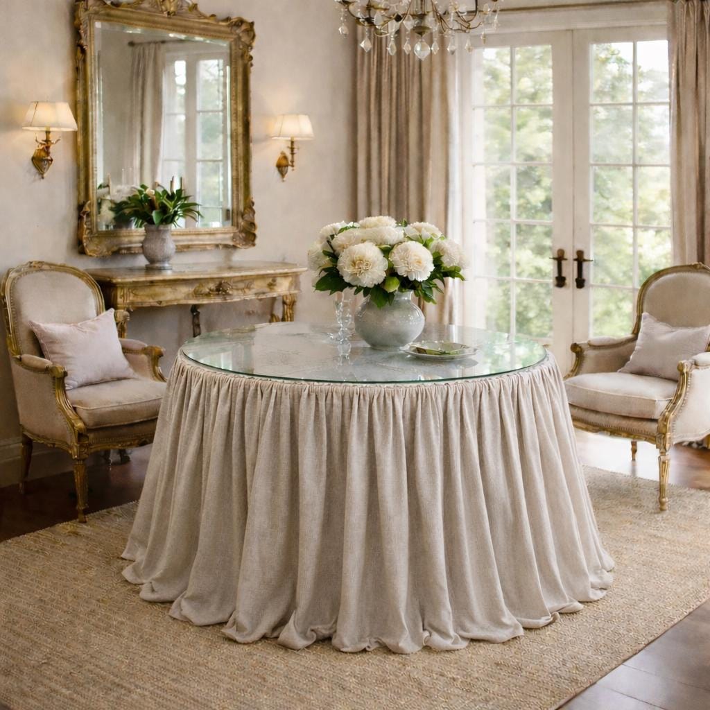 Round Table Skirt With Gathers, 100% Linen, Tableskirt, Oatmeal, White ...
