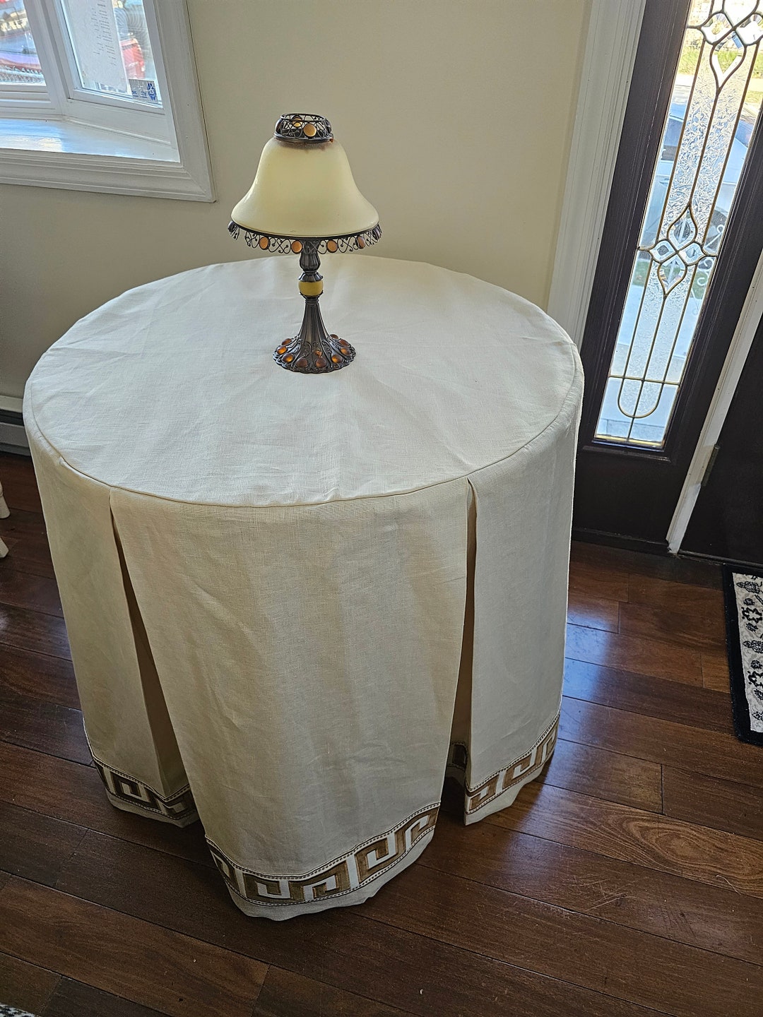 Round Pleated Linen Tableskirt With Luxurious Greek Key Trim 30 Dia X ...