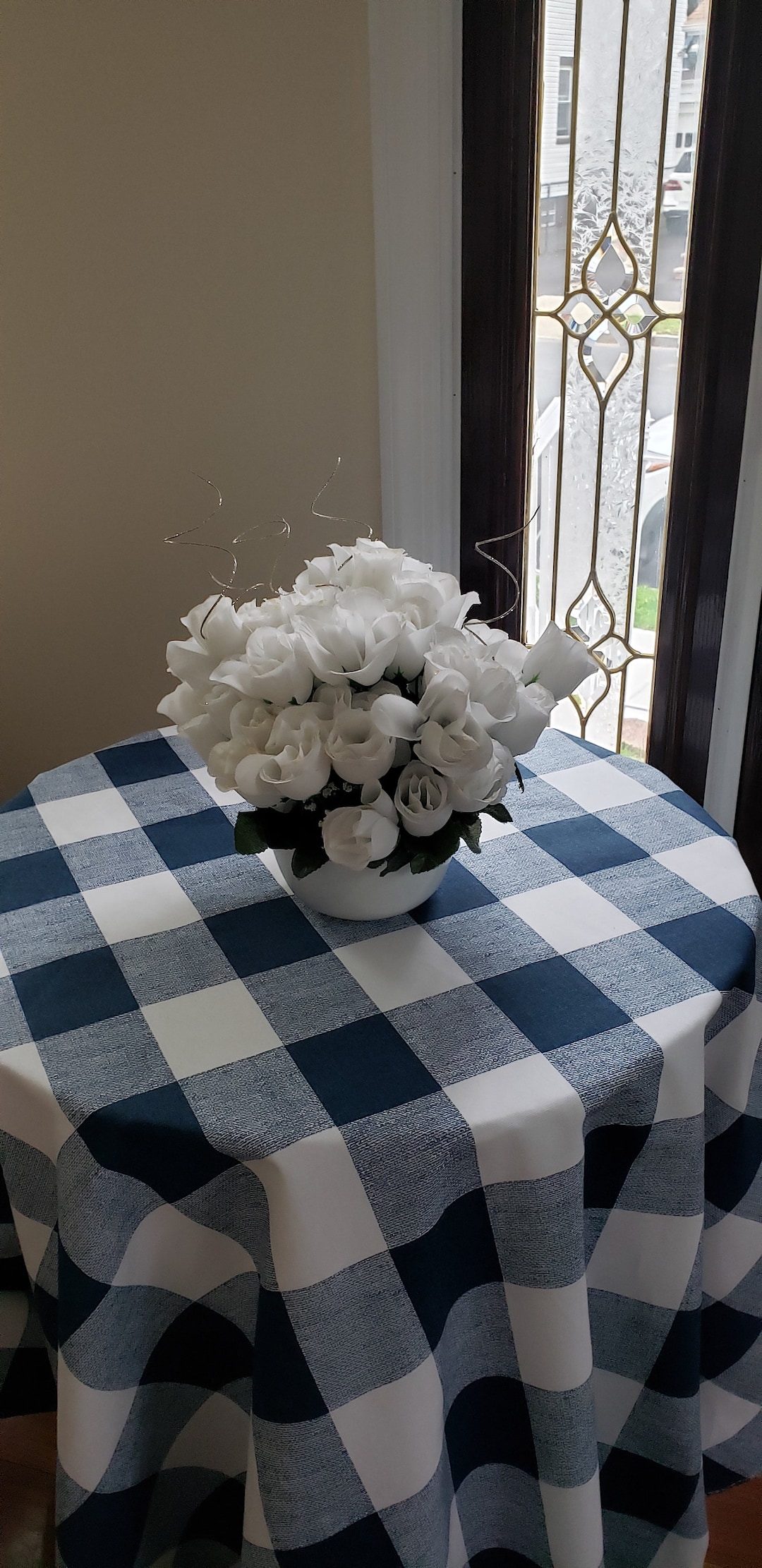 Denim Navy and White Buffalo Plaid Round Tablecloth , Round Table Cover ...