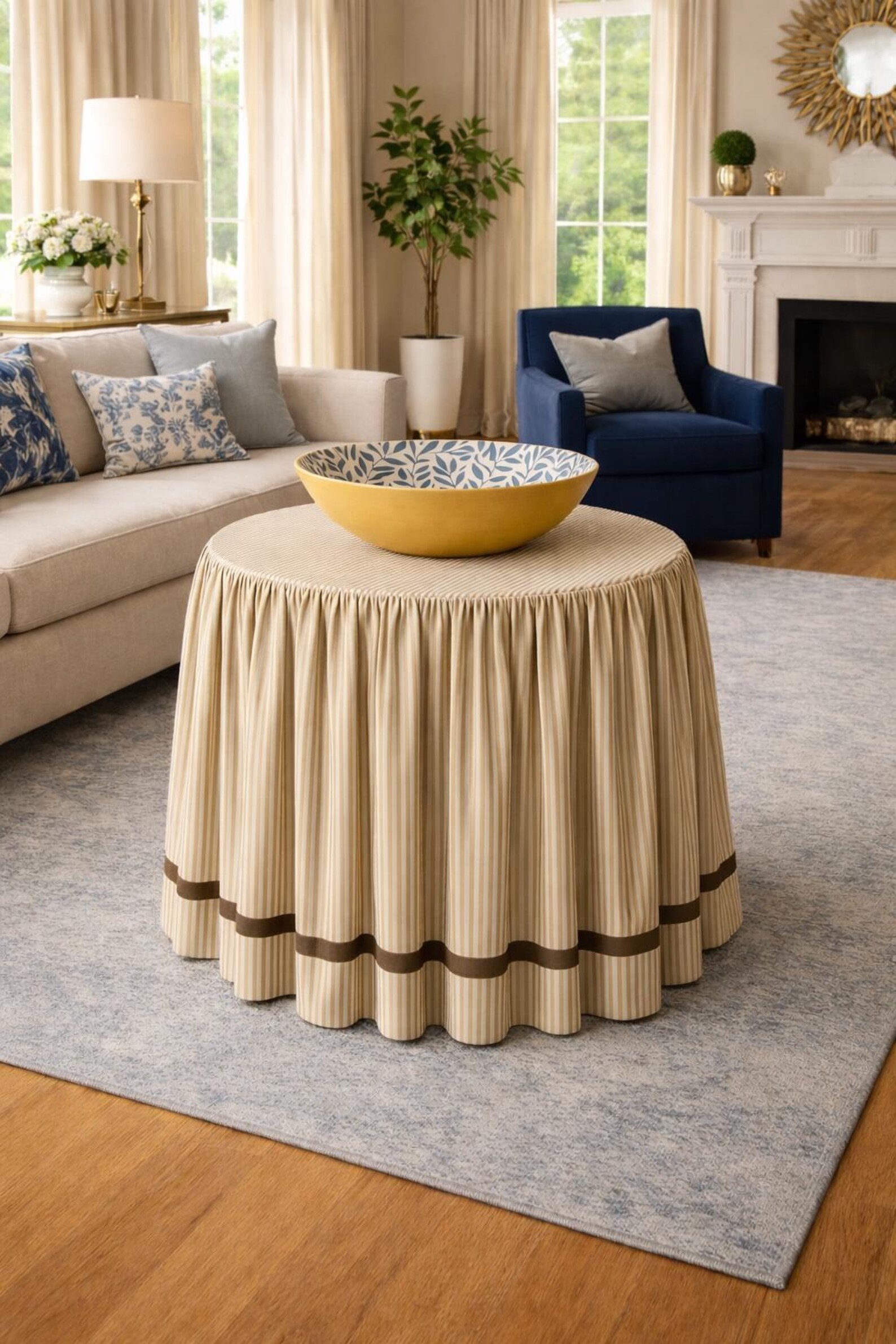 Round Table Skirt With Gathers, Ticking Stripe Table Covering Skirted ...