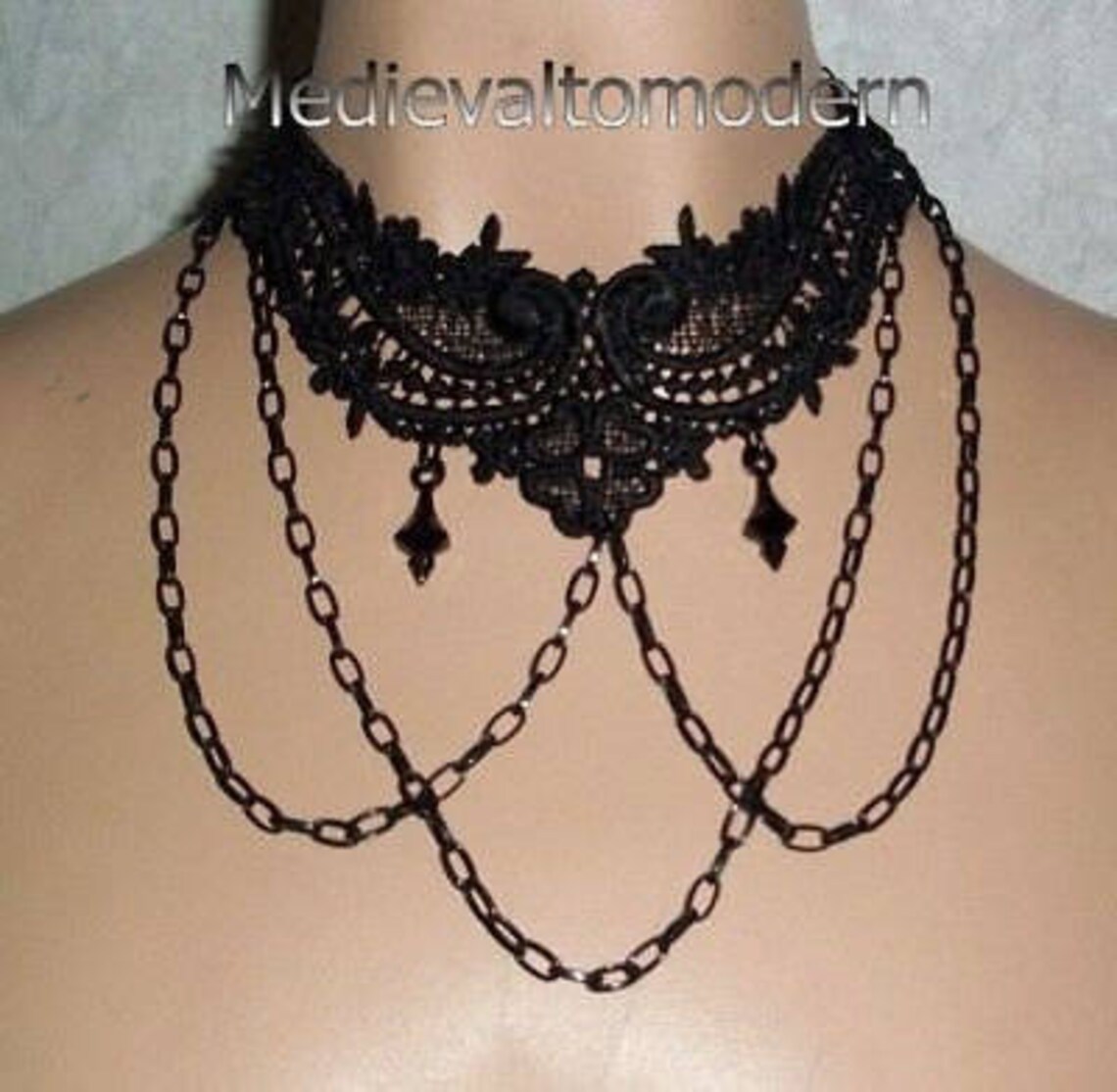 Elegant Black Chain Lace Chunky Gothic Choker With Chain Drape Formal ...