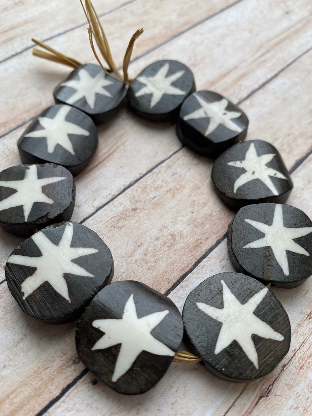 African Bone Beads, COIN Shape With Star Motif, Flat Bone Coin Shaped ...