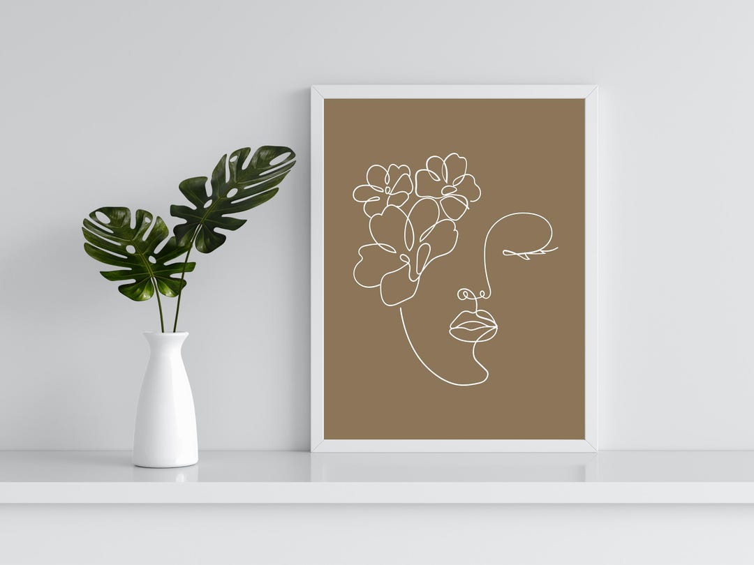 One Line Art Flower Girl Face Brown Wall Art Room Decor Print Living ...