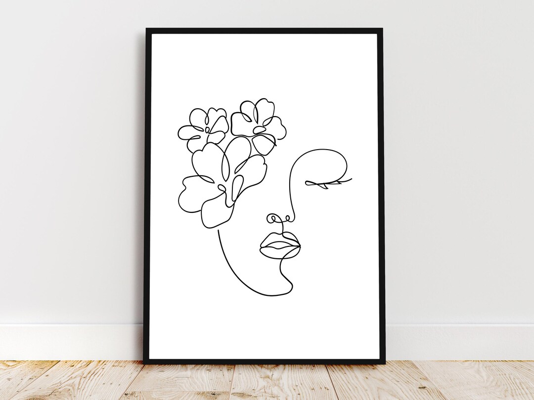 One Line Art Flower Girl Face White Wall Art Room Decor Print Living ...