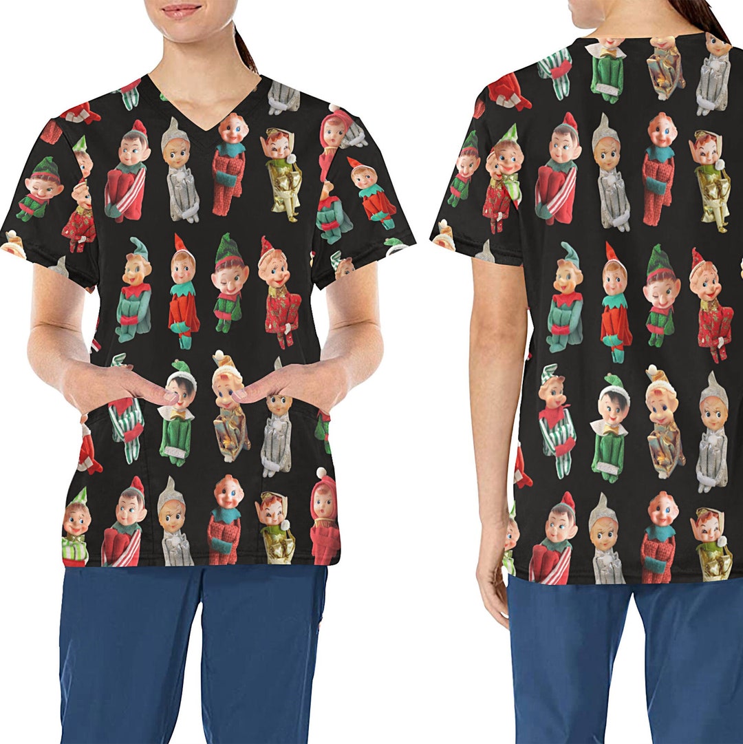 Christmas Elves Elf Design Medical Scrub Top Nurse Vet Midwife Dental ...