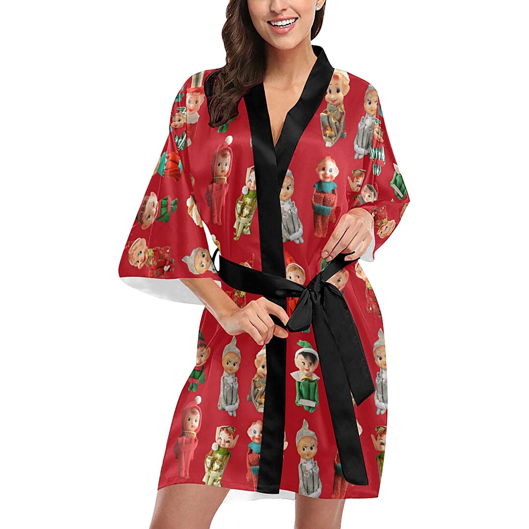 Vintage Elves Kimono Robe Women's Christmas Elf Print Short Kimono Bath ...