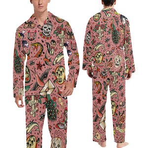 Men's Vintage Tattoo Flash Pajamas Set or Pants Long-sleeve With Collar ...