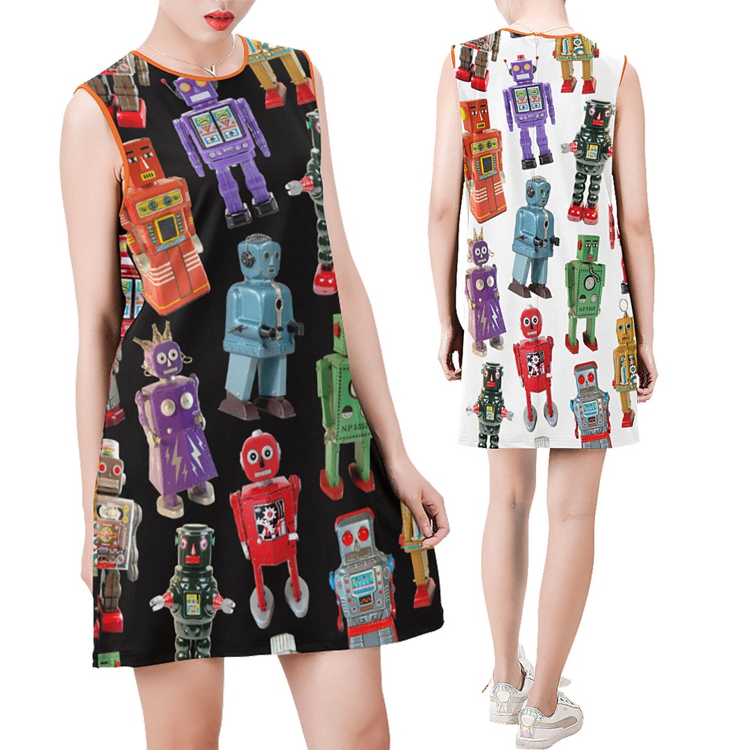 Vintage Robots Sleeveless Dress Round Neck Shift Dress AI Tunic USA XS ...