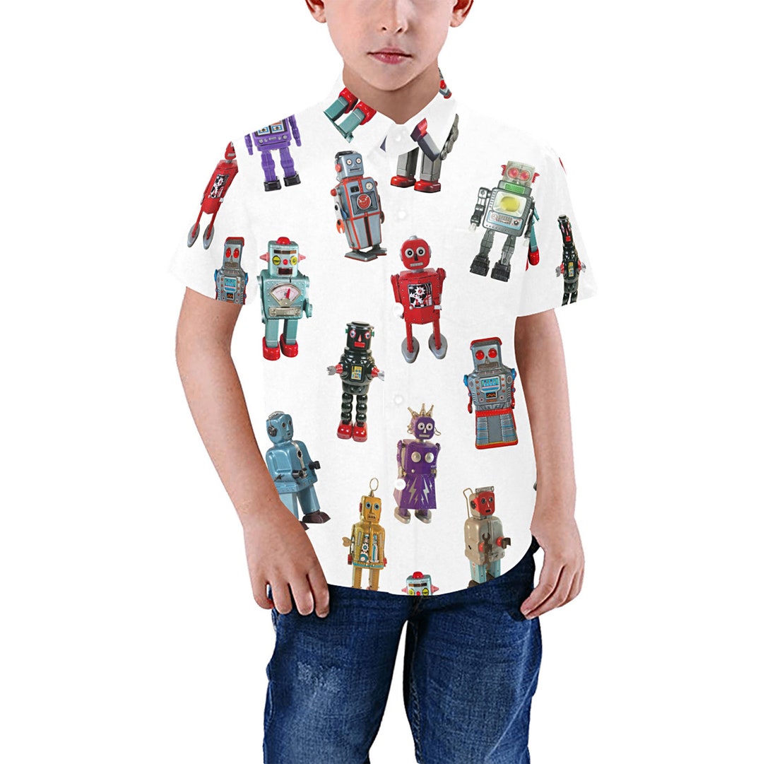 Vintage Robots Kid's Shirt Casual Button-down Short Sleeve With Collar ...