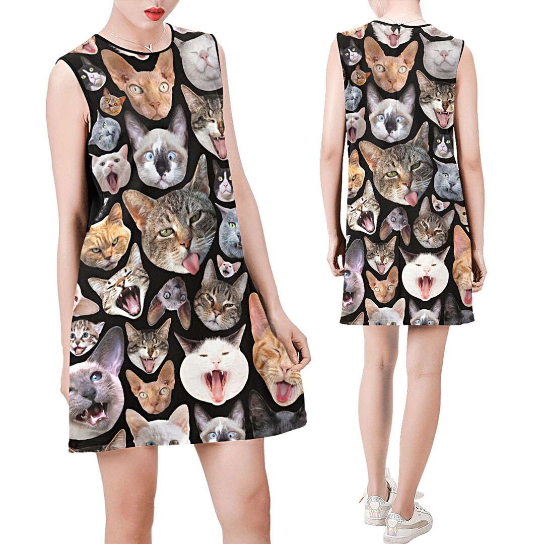 Cats Sleeveless Dress Round Neck Shift Dress Printed Cat Tunic USA XS ...