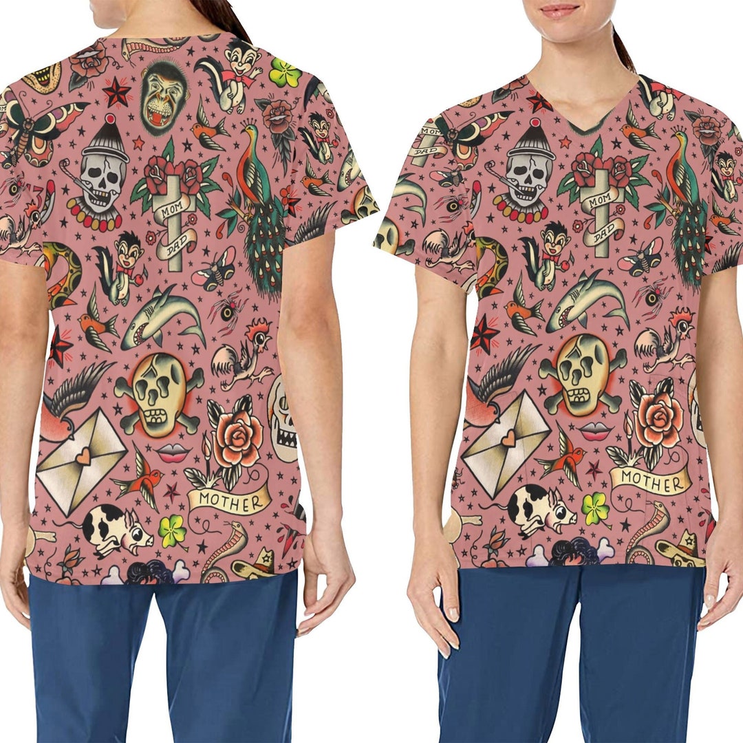 Tattoo Flash Design Medical Scrub Top - Nurse Vet Midwife Dental ...