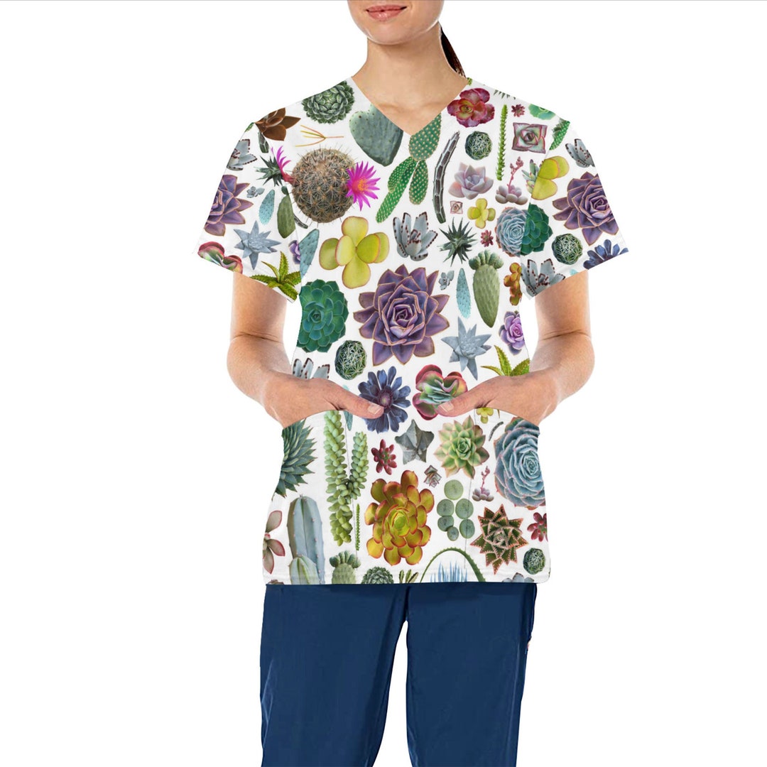 Succulent Design Medical Scrub Top Nurse Vet Midwife Dental Uniform V ...